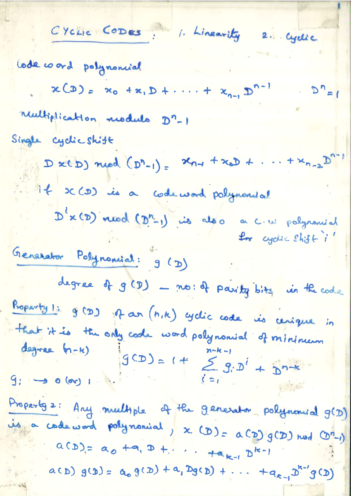 Unit II Part - 2 - information theory - CYCLIC CODES : 1. Linearity 2 ...