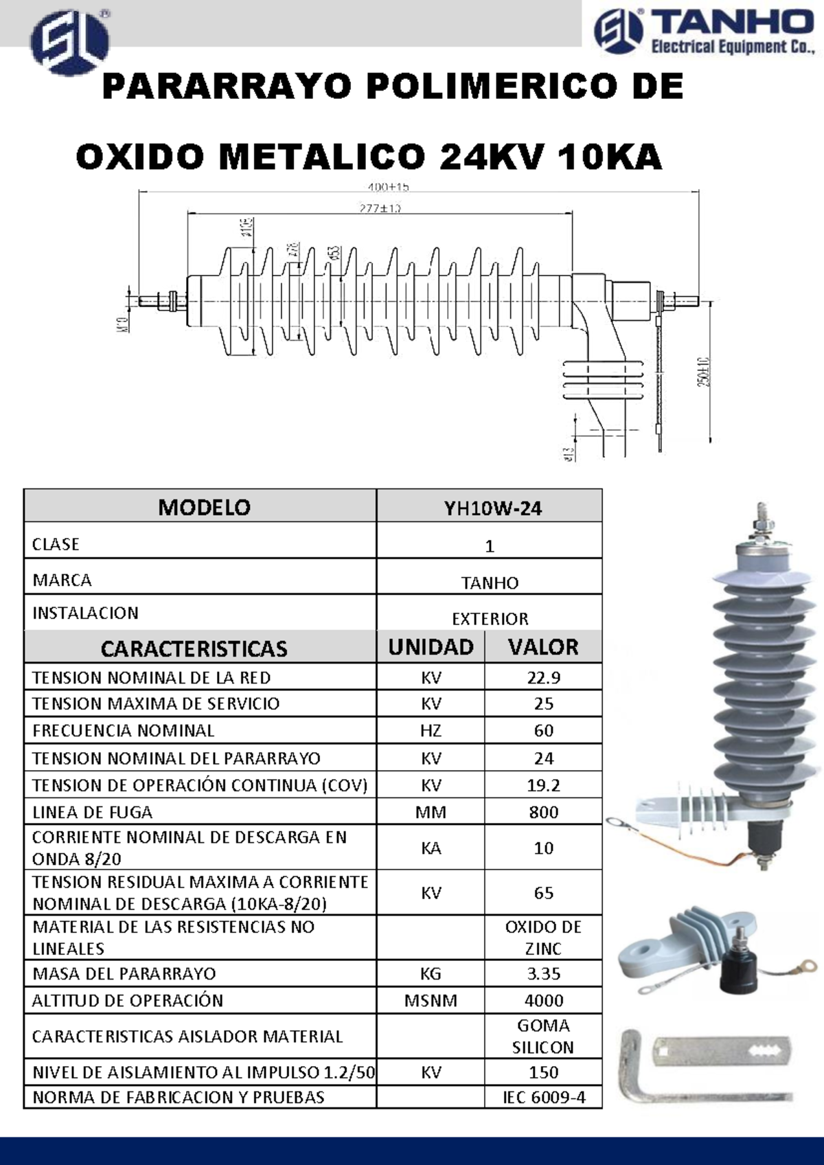 Ficha Pararrayo 24KV - Tanho-1 - PARARRAYO POLIMERICO DE OXIDO METALICO 24 KV 10KA MODELO YH10W ...