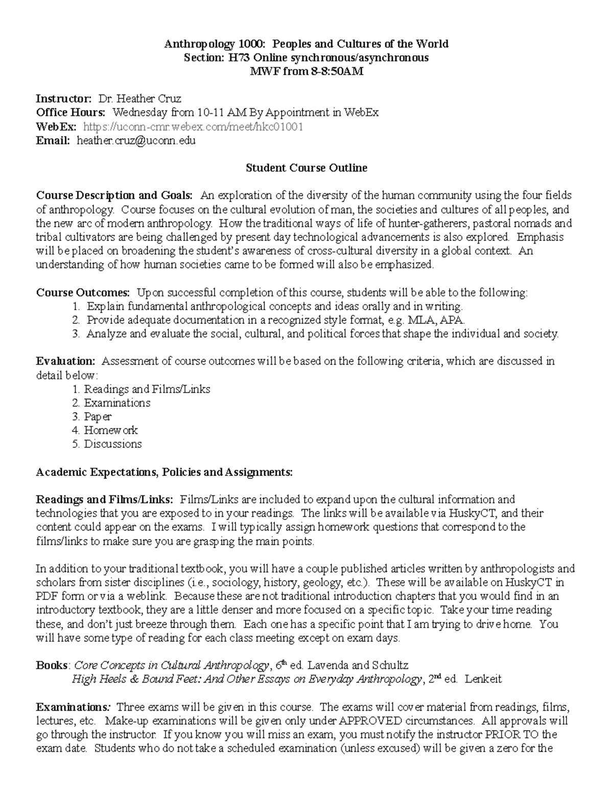 Syll Ant1000 Fall2020 Hartford(1) - Anthropology 1000: Peoples and ...