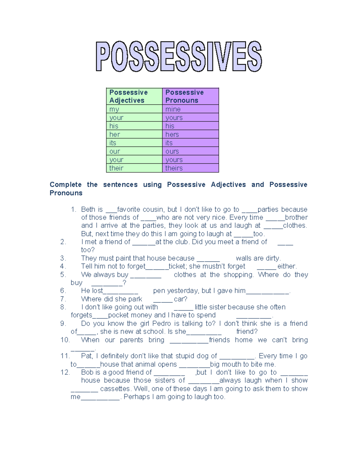 8689 possessives - ;mk;mkl.m; - Possessive Adjectives Possessive ...