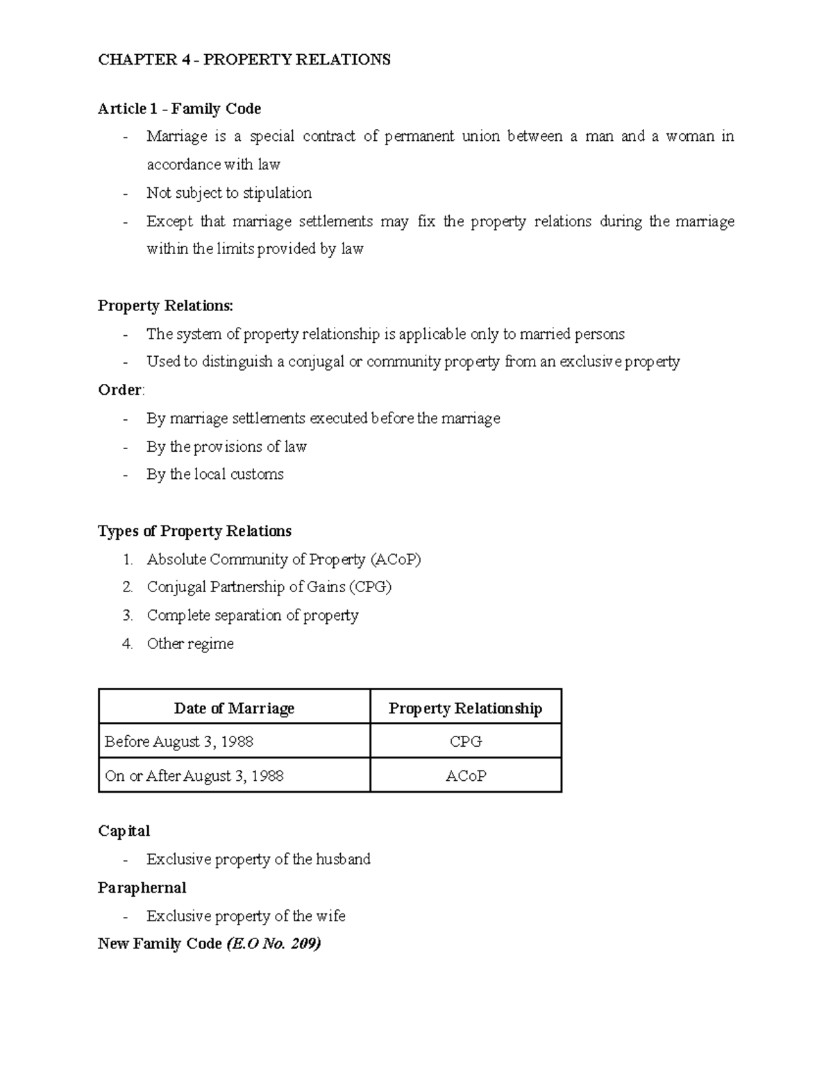 Chapter 4 - Property Relations - Article 1 - Family Code - Marriage is ...