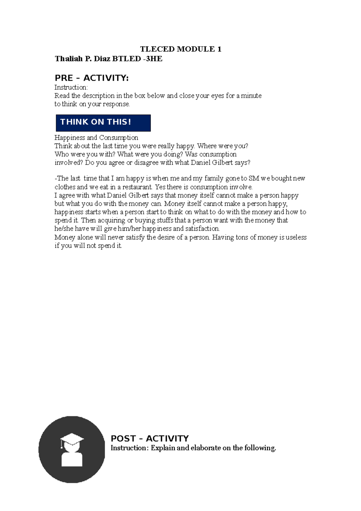 Tleced Module 1 - TLECED MODULE 1 Thaliah P. Diaz BTLED -3HE PRE ...