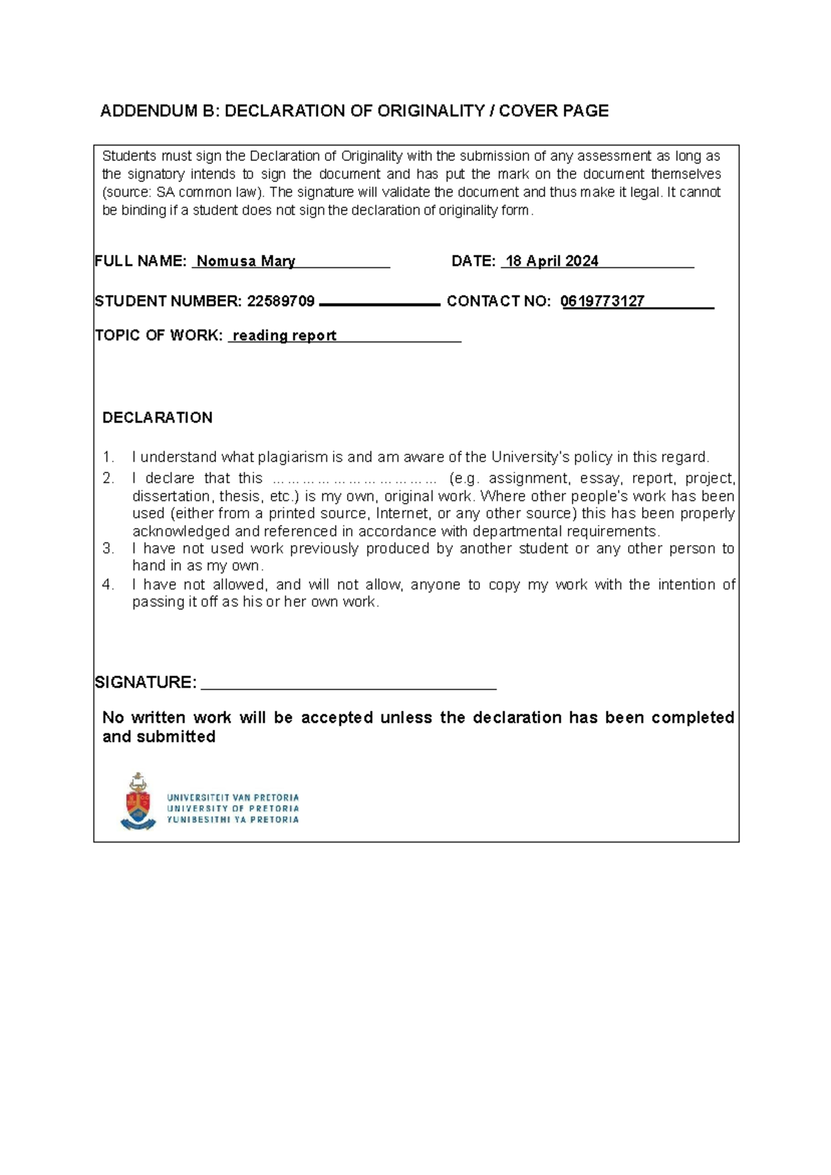 Jm H Van Final - reading report - ADDENDUM B: DECLARATION OF ...