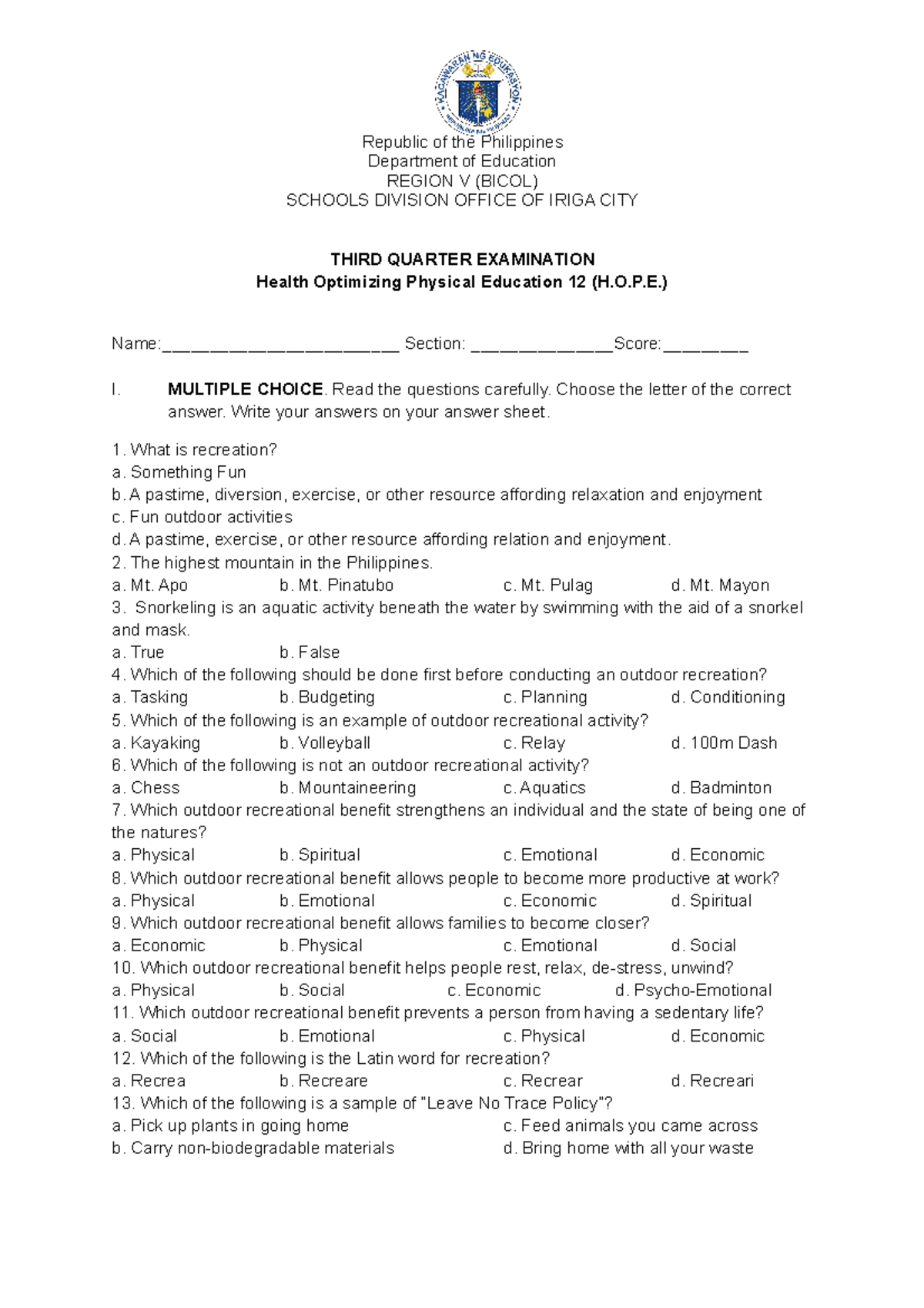 3rd quarterly exam HOPE 12 - Republic of the Philippines Department of ...