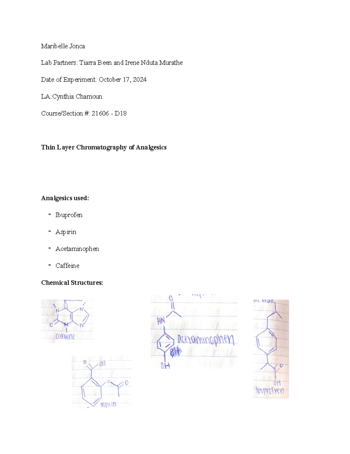 Thin Layer Chromatography Chem 2400 - Maribelle Jonca Lab Partners ...