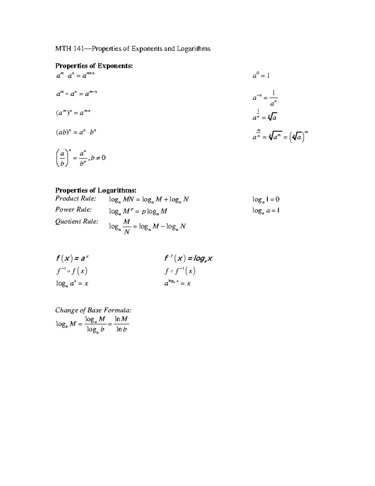 MTH141 Sec 6 Properties of Logs and Exp - MTH 141—Properties of ...