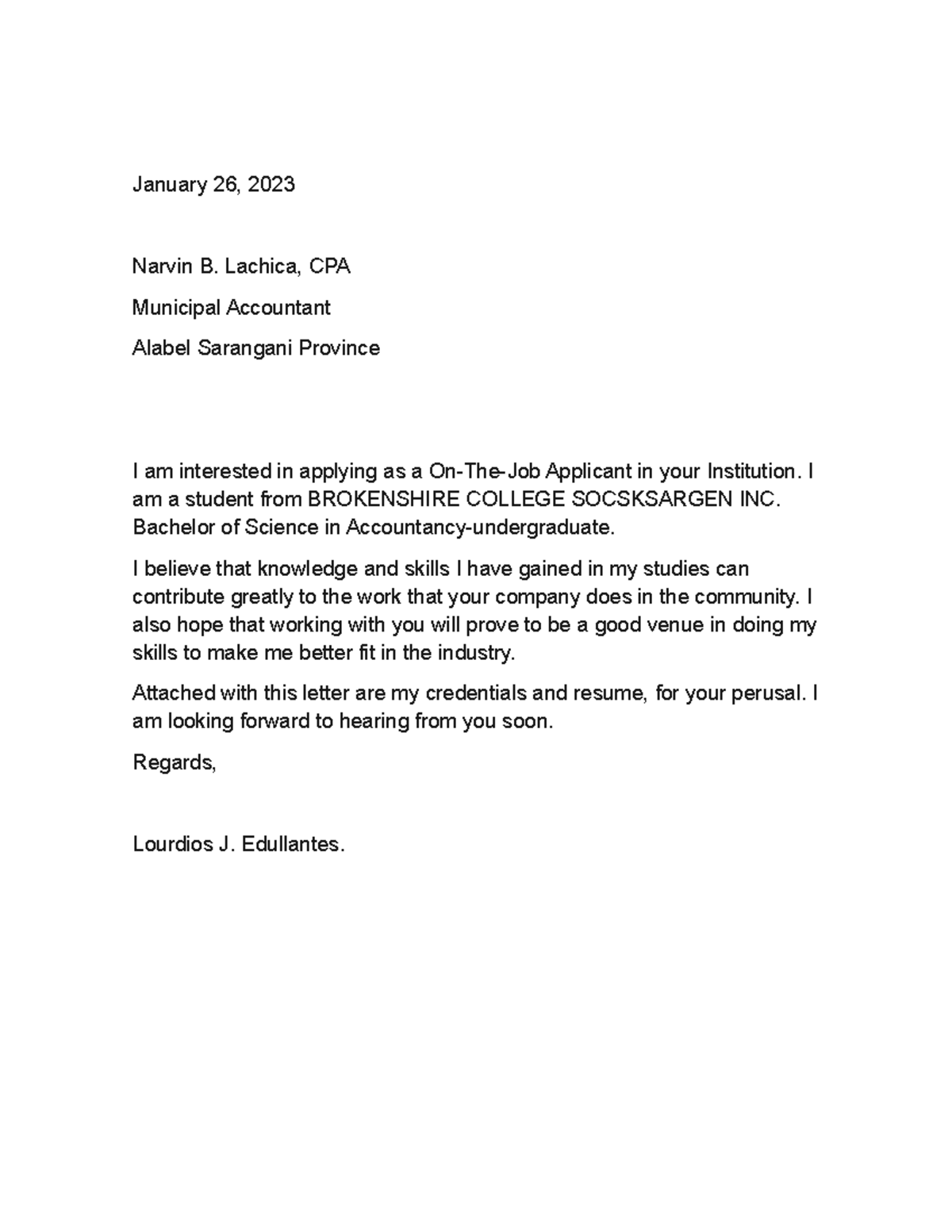 Application-letter - Application for ojt. This file is the exchange for ...