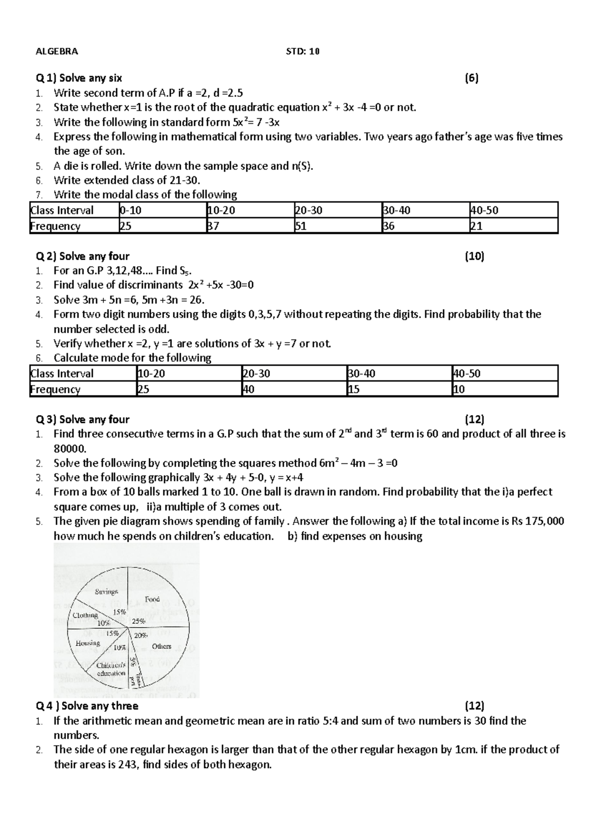 Algebra 2 - notes - ALGEBRA STD: 10 Q 1) Solve any six (6) 1. Write ...