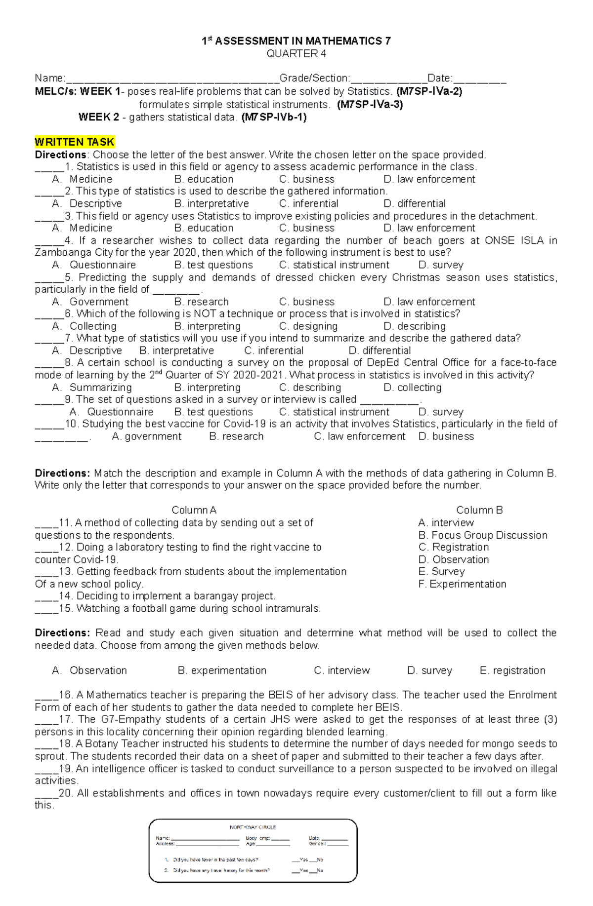 1st Assessment Test IN Mathematics 7 - Module 1-2 - 1 st ASSESSMENT IN ...