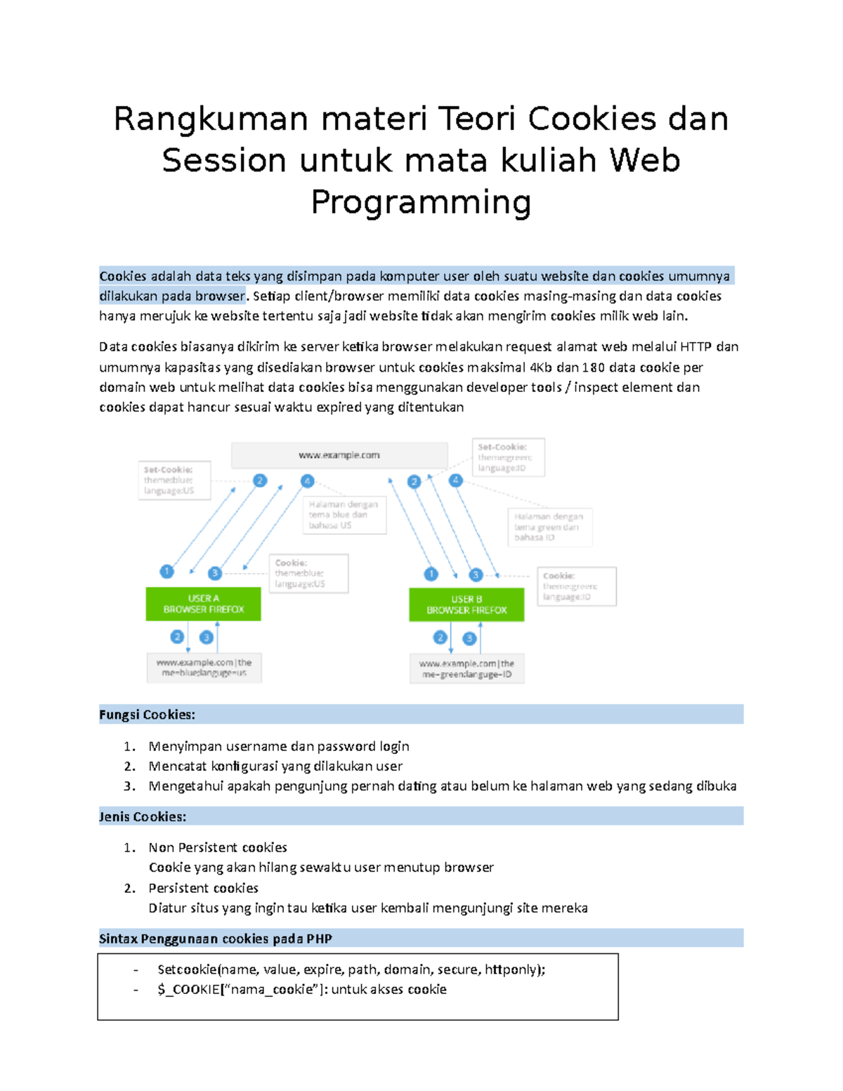 Rangkuman materi Teori Cookies dan Session - Setiap client/browser memiliki data cookies - Studocu