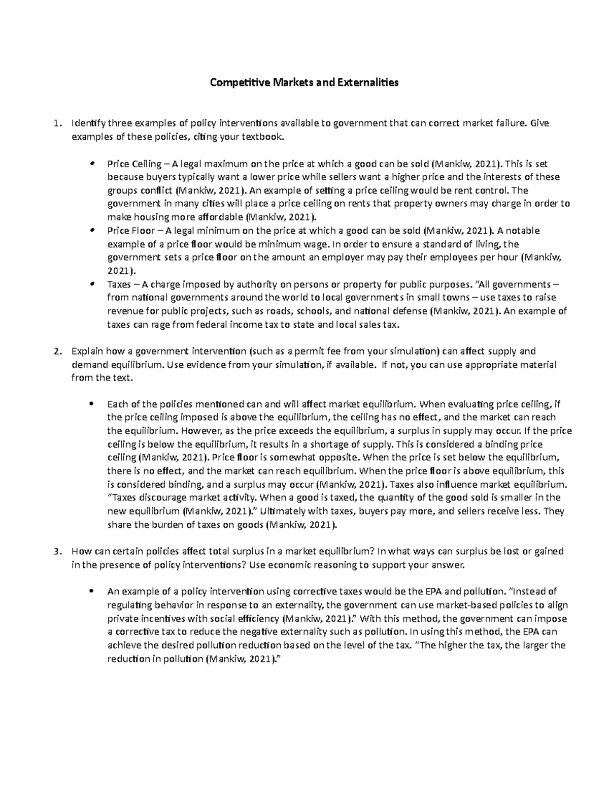 ECO 201 Simulation Checkpoint Assignment - Competitive Markets and Externalities Identify three ...