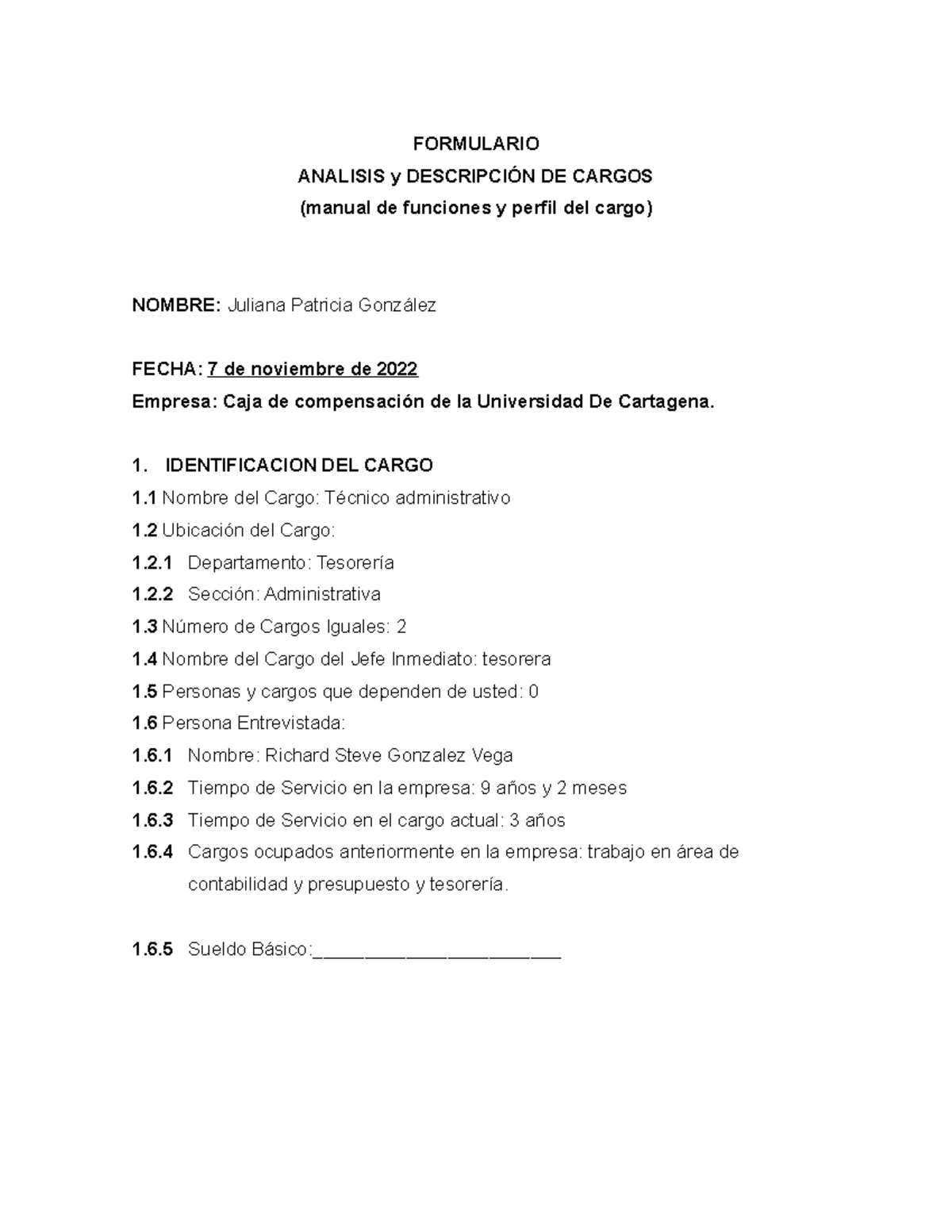 Formulario PARA Análisis Y Descripción DE Cargos - FORMULARIO ANALISIS ...