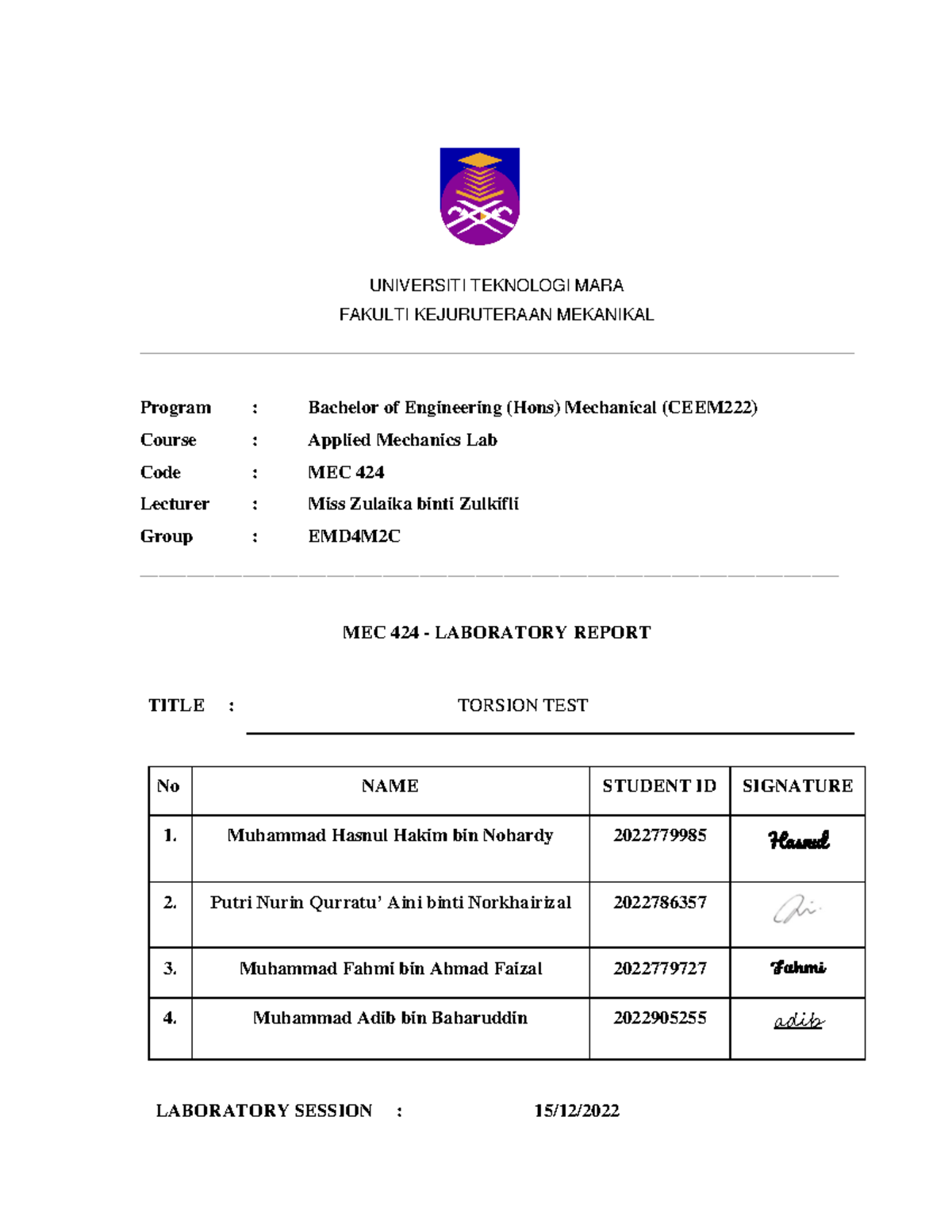Lab Report Torsion Test - Strength Lab (1) copy - UNIVERSITI TEKNOLOGI ...
