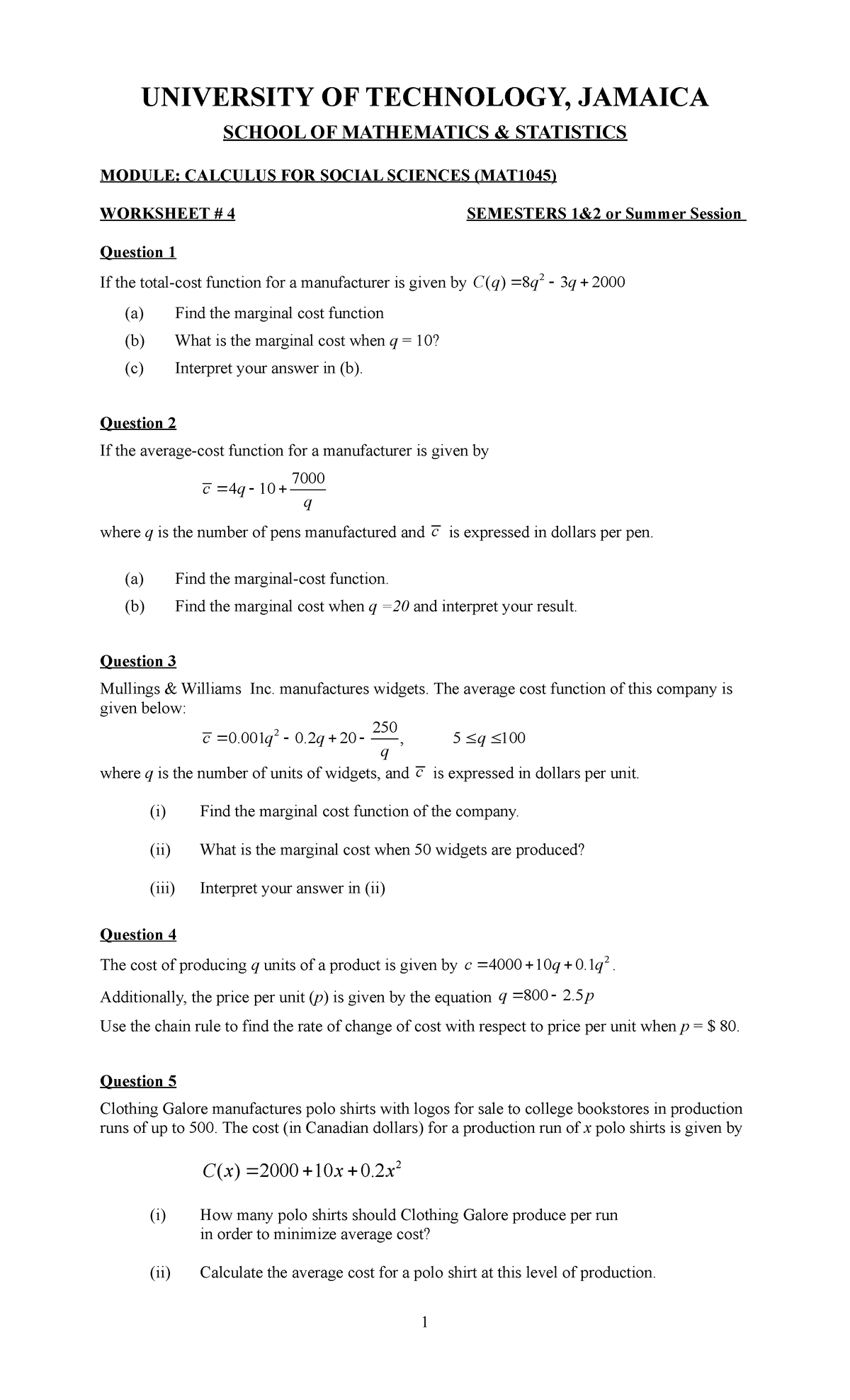 Modified CAL FOR Social Sciences Worksheet #4 MAT1045 - UNIVERSITY OF ...