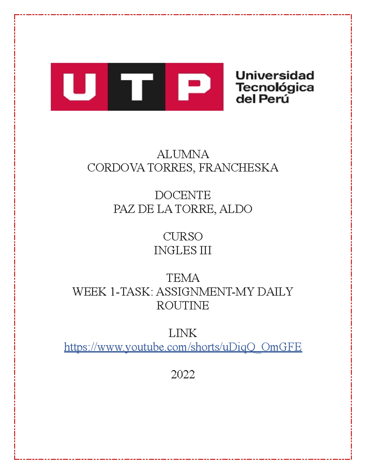 Week 1 Week 1 Ingles Iii Alumna Cordova Torres Francheska Docente