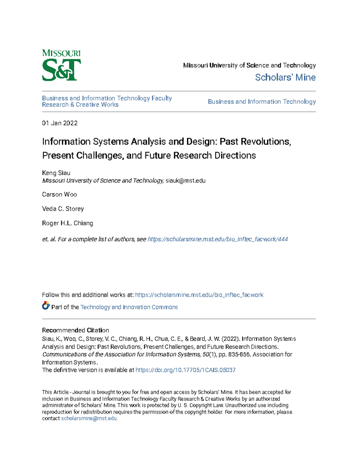Information Systems Analysis and Design Past Revolutions Presen - Missouri University of Science ...