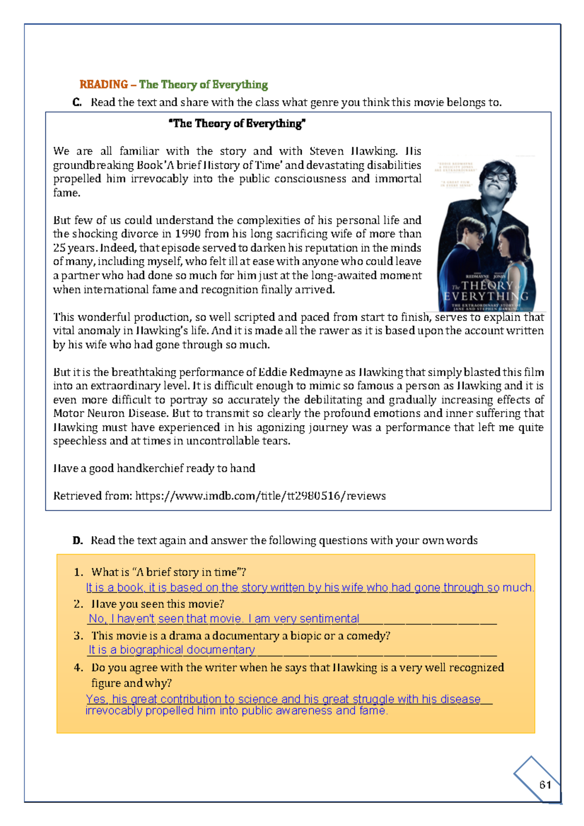 Trabajo - 61 READING – The Theory of Everything C. Read the text and ...