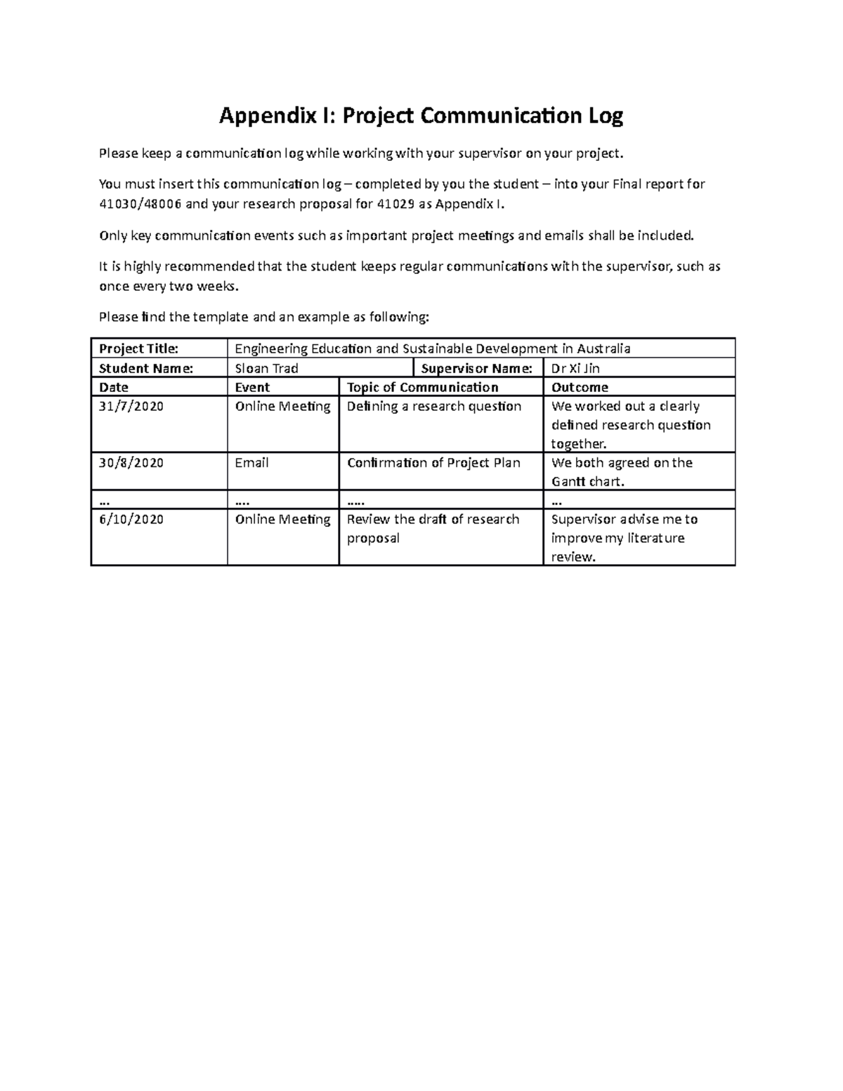41029 41030 48006 Communication Log Template(3) (2)-1 - Appendix I ...
