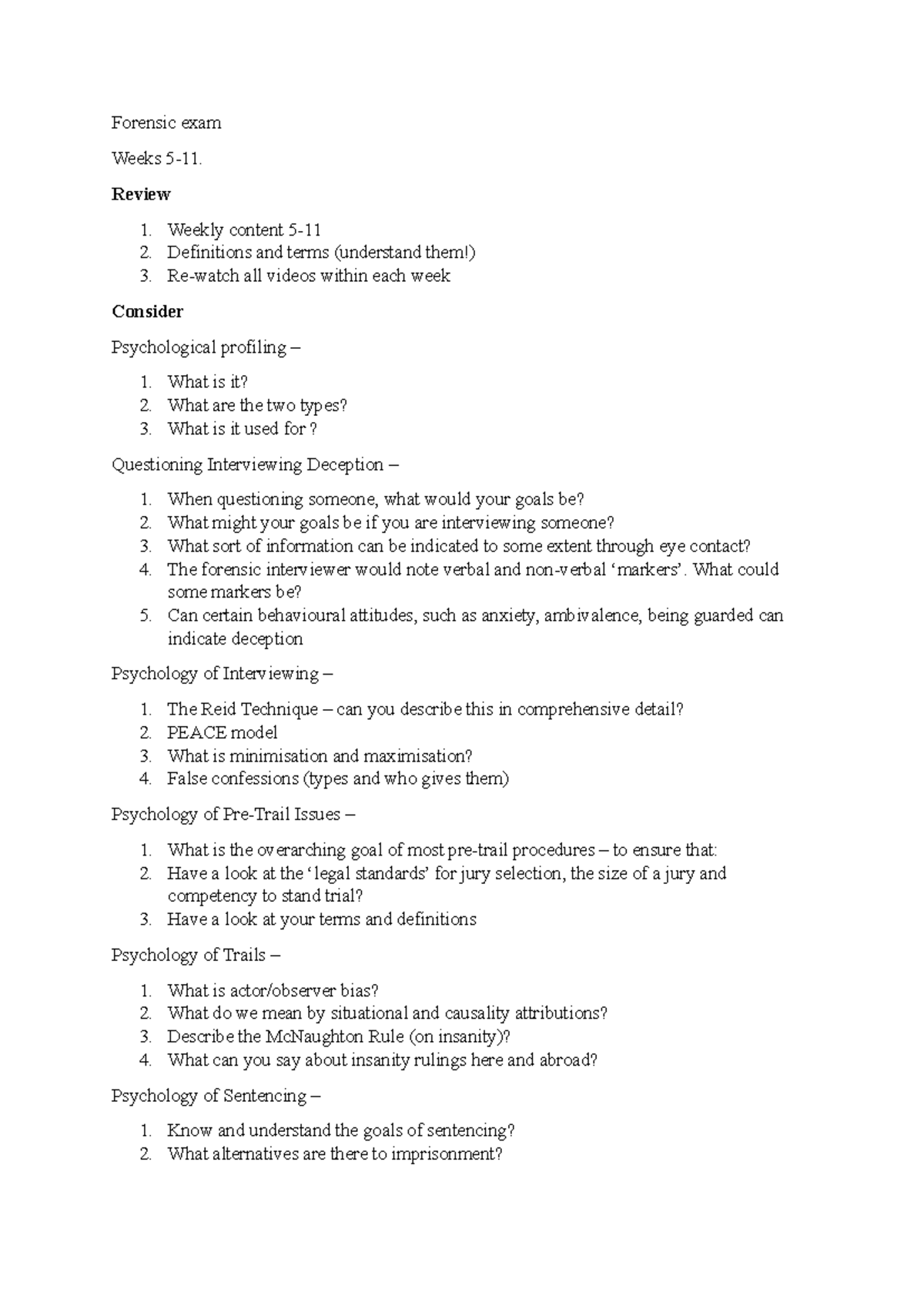Forensic exam notes - Forensic exam Weeks 5-11. Review 1. Weekly ...