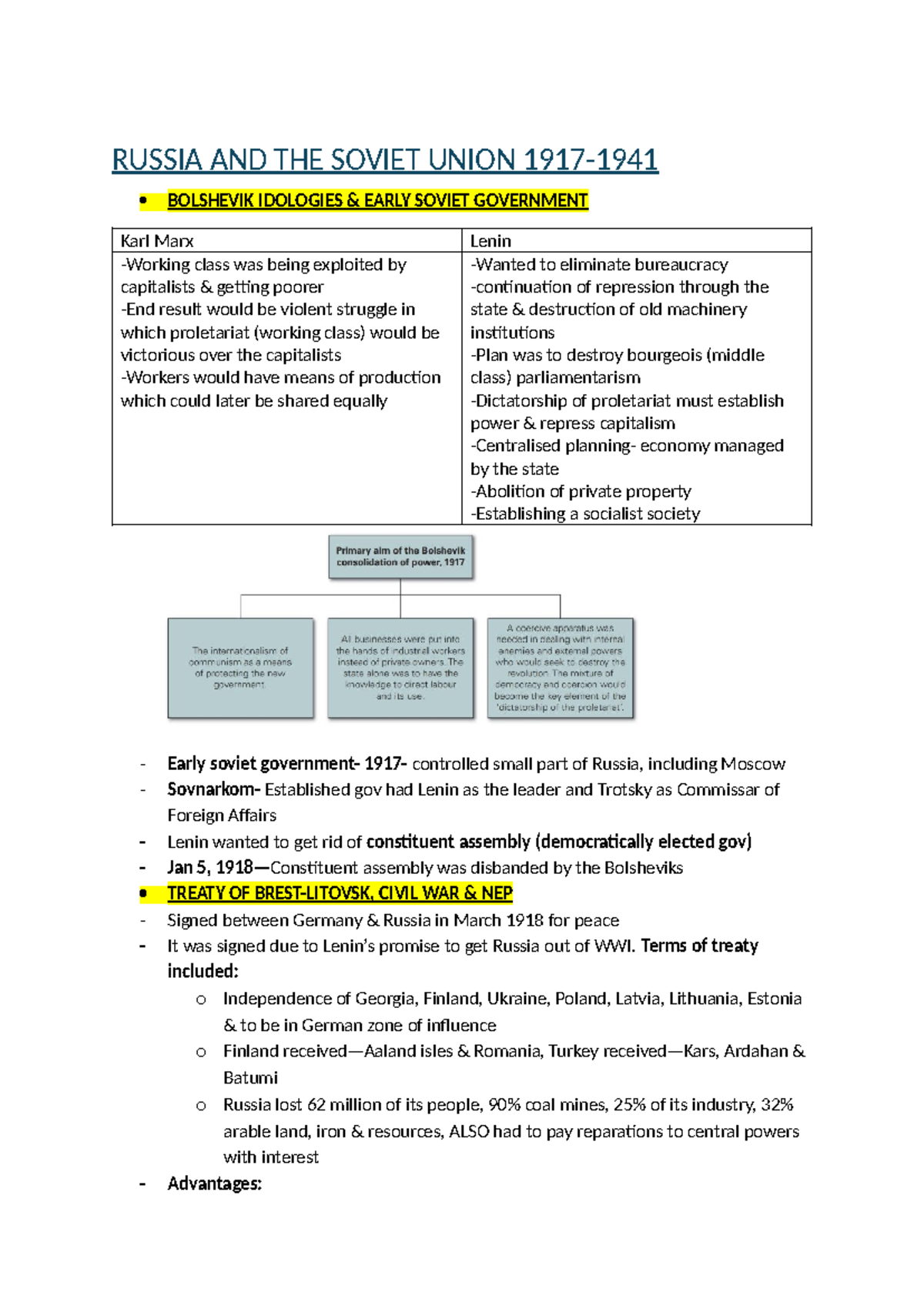 Russia AND Soviet Revision Sheet - RUSSIA AND THE SOVIET UNION 1917 ...