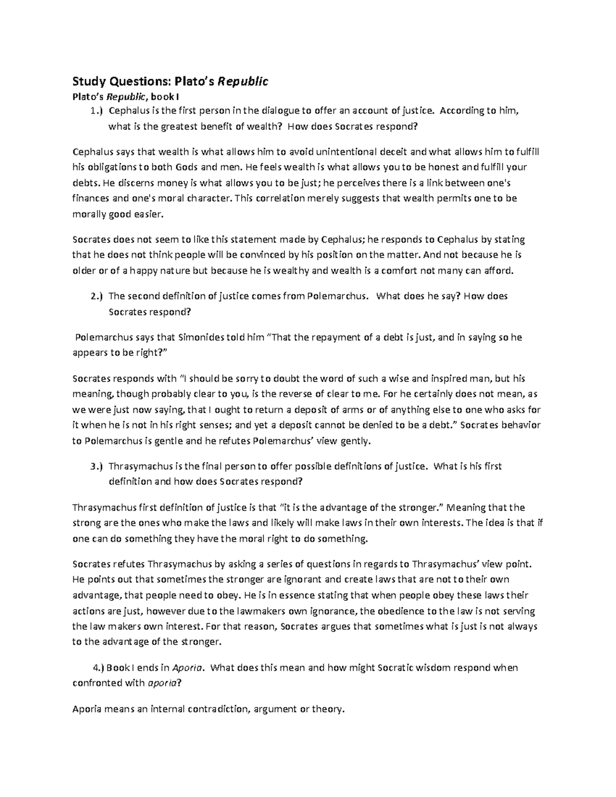 Republic Study Packet - Study Questions: Plato’s Republic Plato’s ...