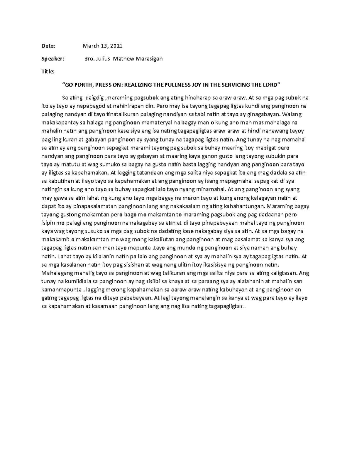 Reflection - hhfbbb6666f - Date: March 13, 2021 Speaker: Bro. Julius ...