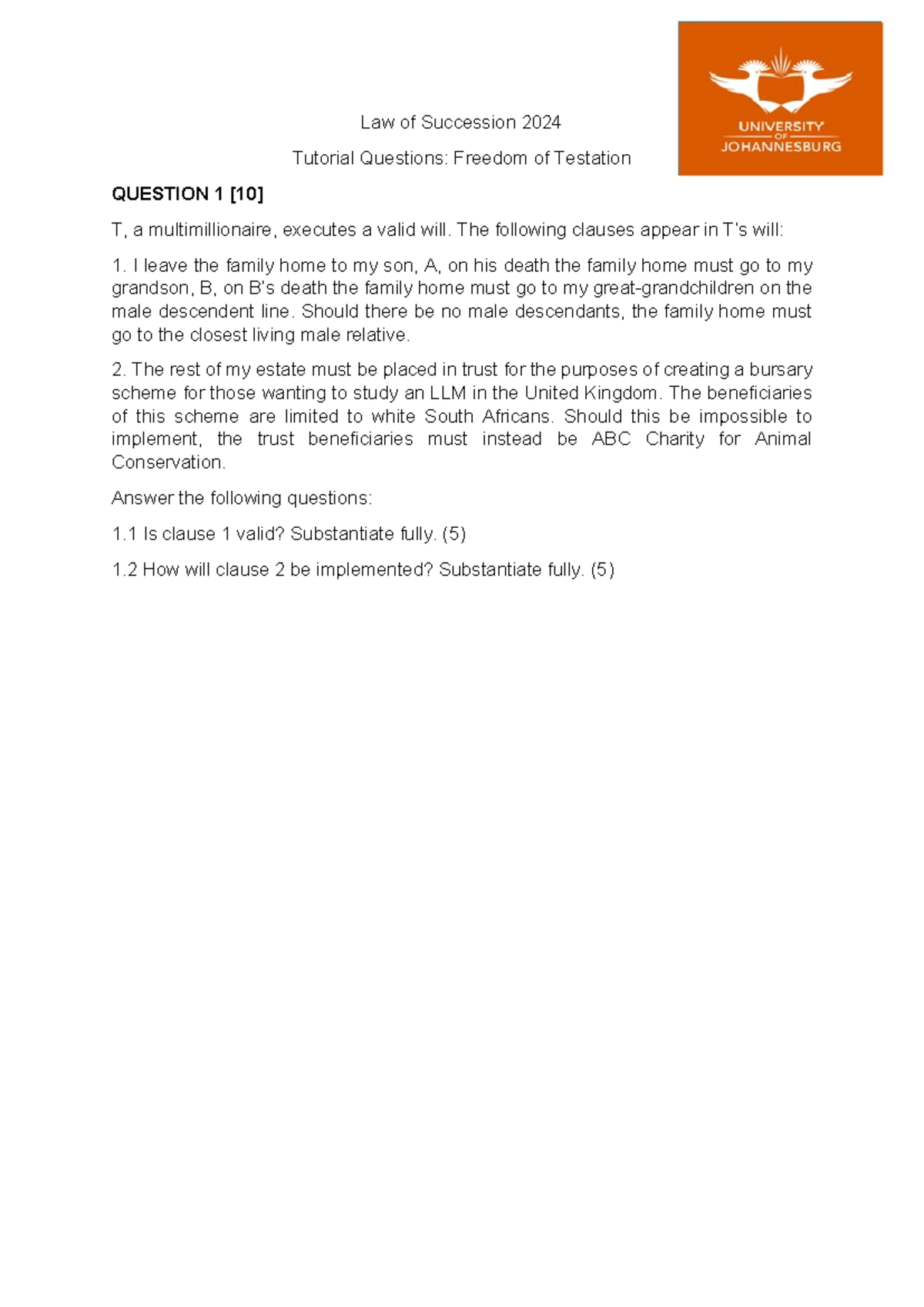 freedom of testation tutorial questions - Law of Succession 2024 ...