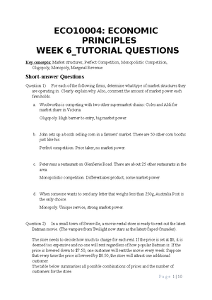 Week 7 Tutorial Questions - ECO10004: ECONOMIC PRINCIPLES Week 7_Tutorial Questions Key concepts ...