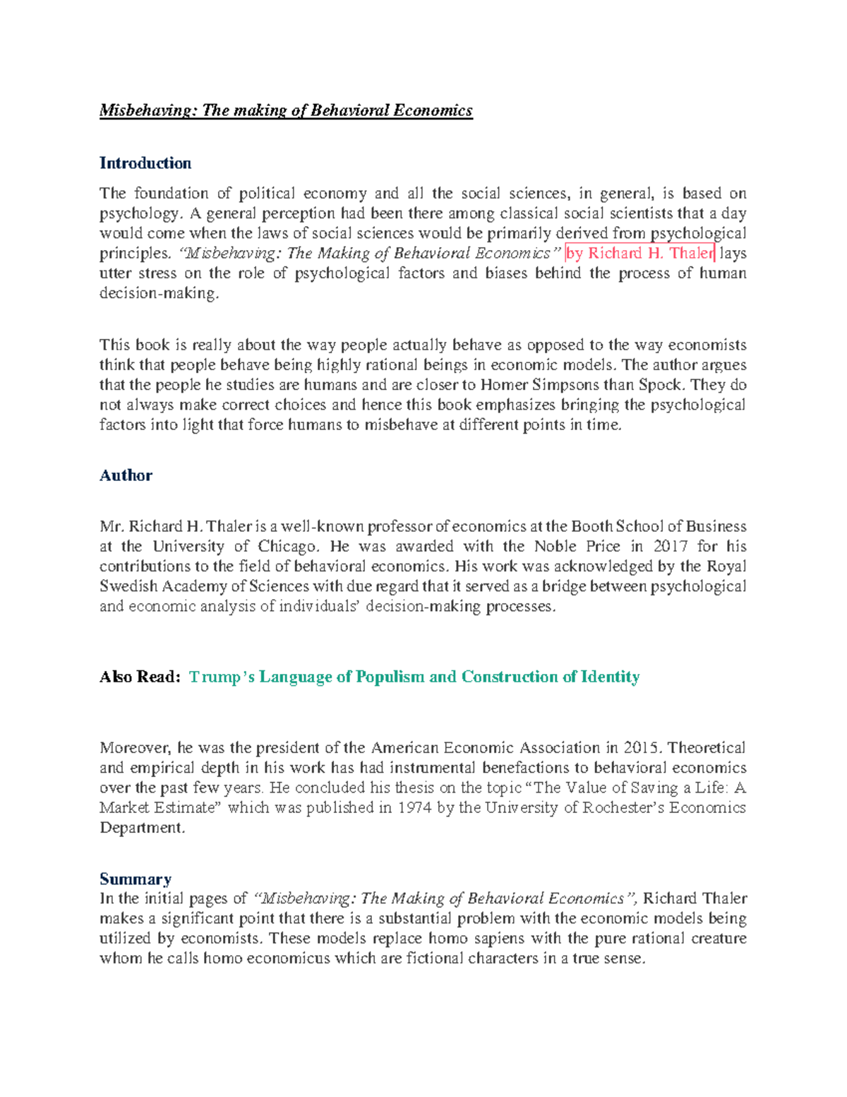 Paradigmshift - Misbehaving: The making of Behavioral Economics Introduction The foundation of ...