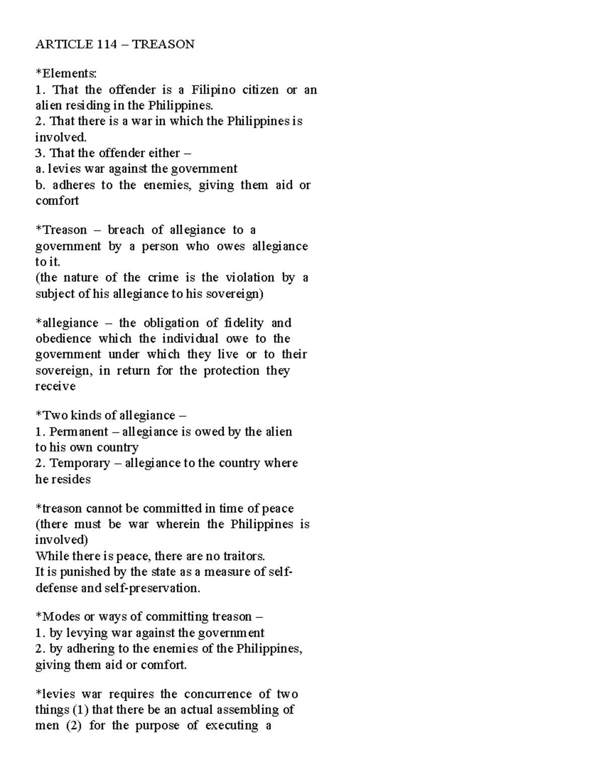 ART 11 Revised Penal Code - ARTICLE 114 – TREASON *Elements: That the ...