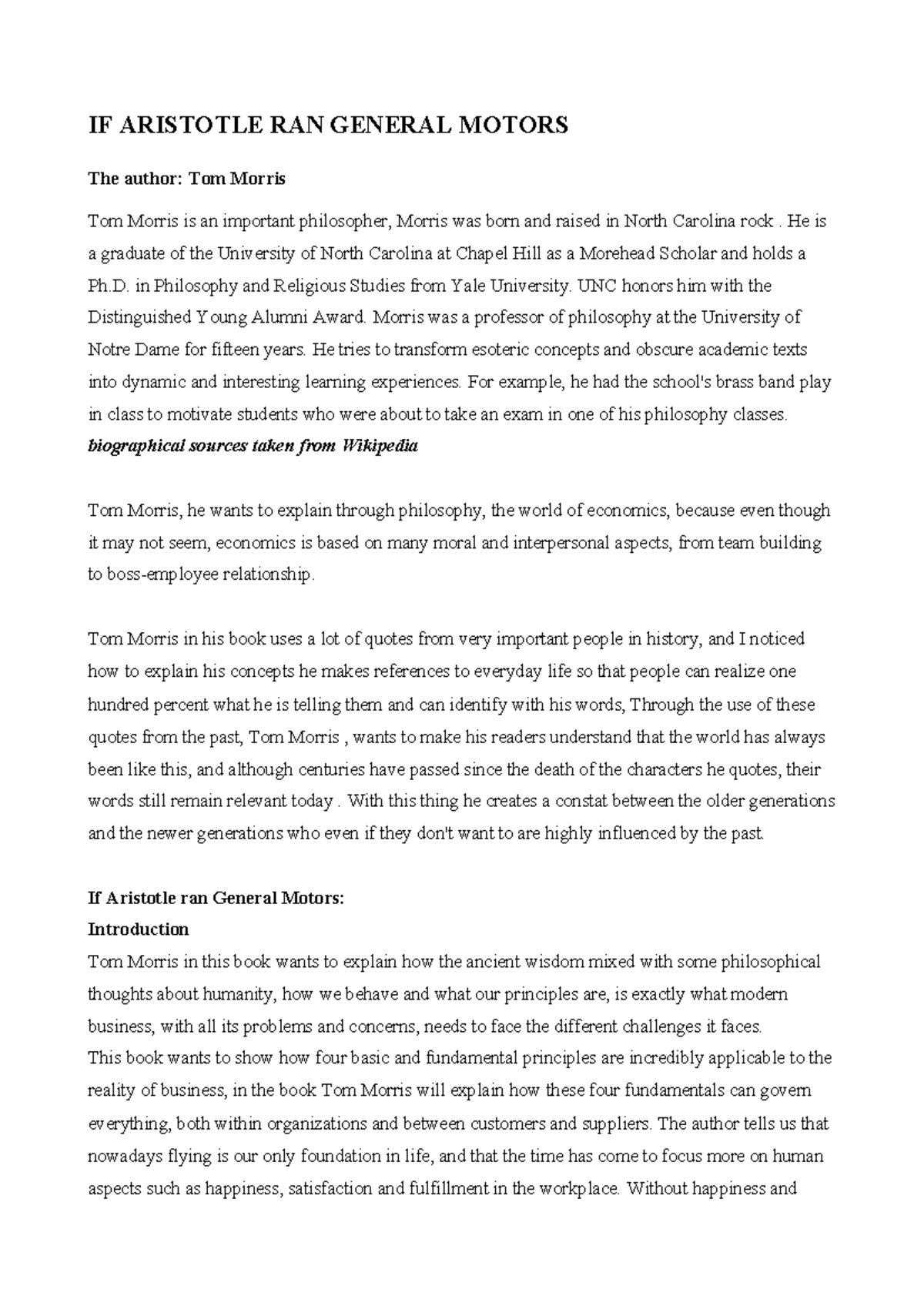 Antropologia - IF ARISTOTLE RAN GENERAL MOTORS The author: Tom Morris ...