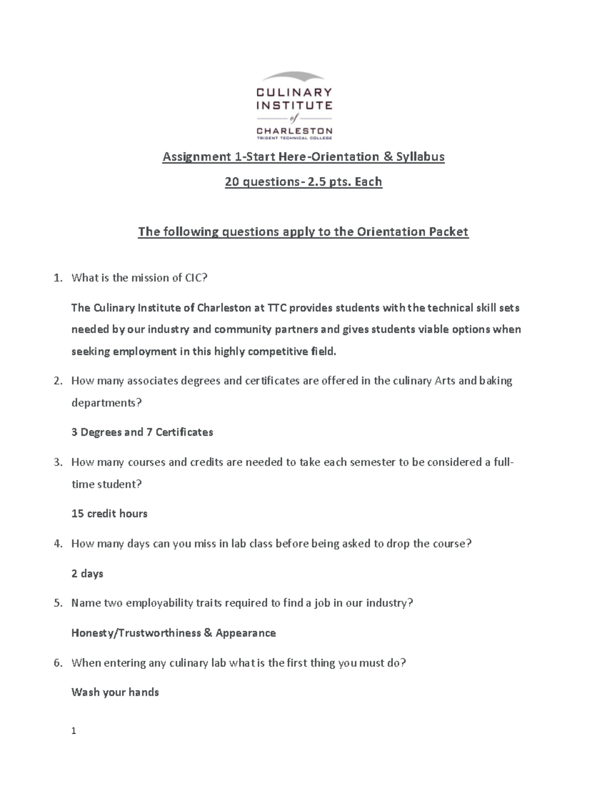 Kameron Assignment 1 - TTC - 1 Assignment 1-Start Here-Orientation & Syllabus 20 questions- 2 ...