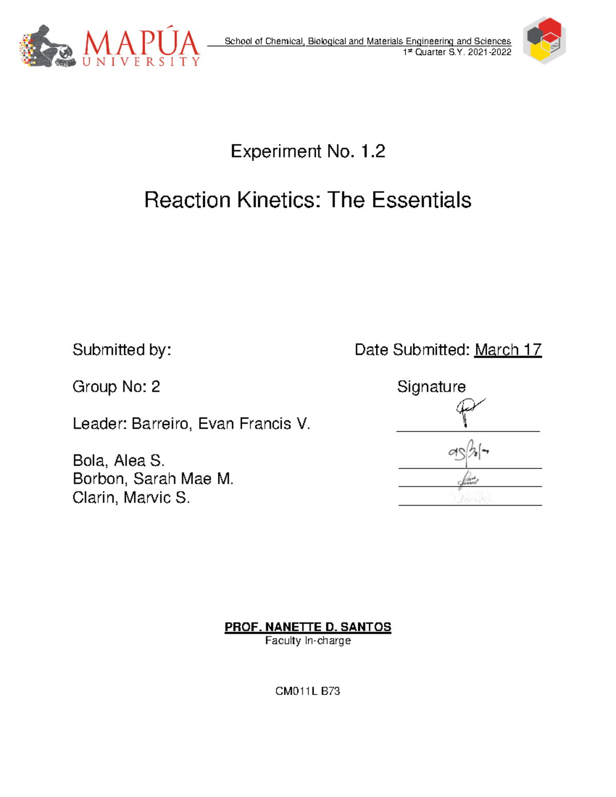 Experiment 1 - 1 st Quarter S. 2021- Experiment No. 1. Reaction ...