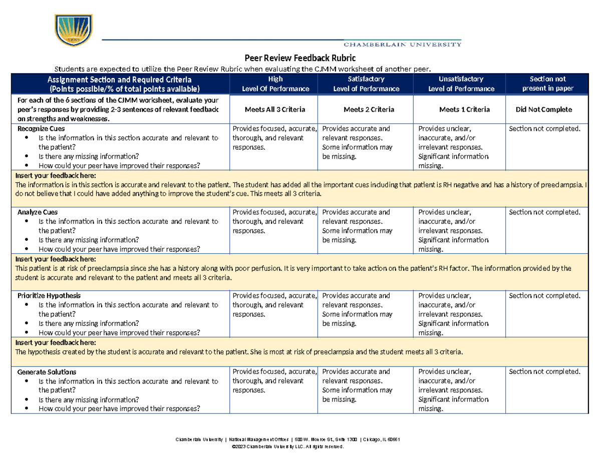 Peer Review Feedback Worksheet completed - i-Human Patients® Assignment Peer Review Feedback ...