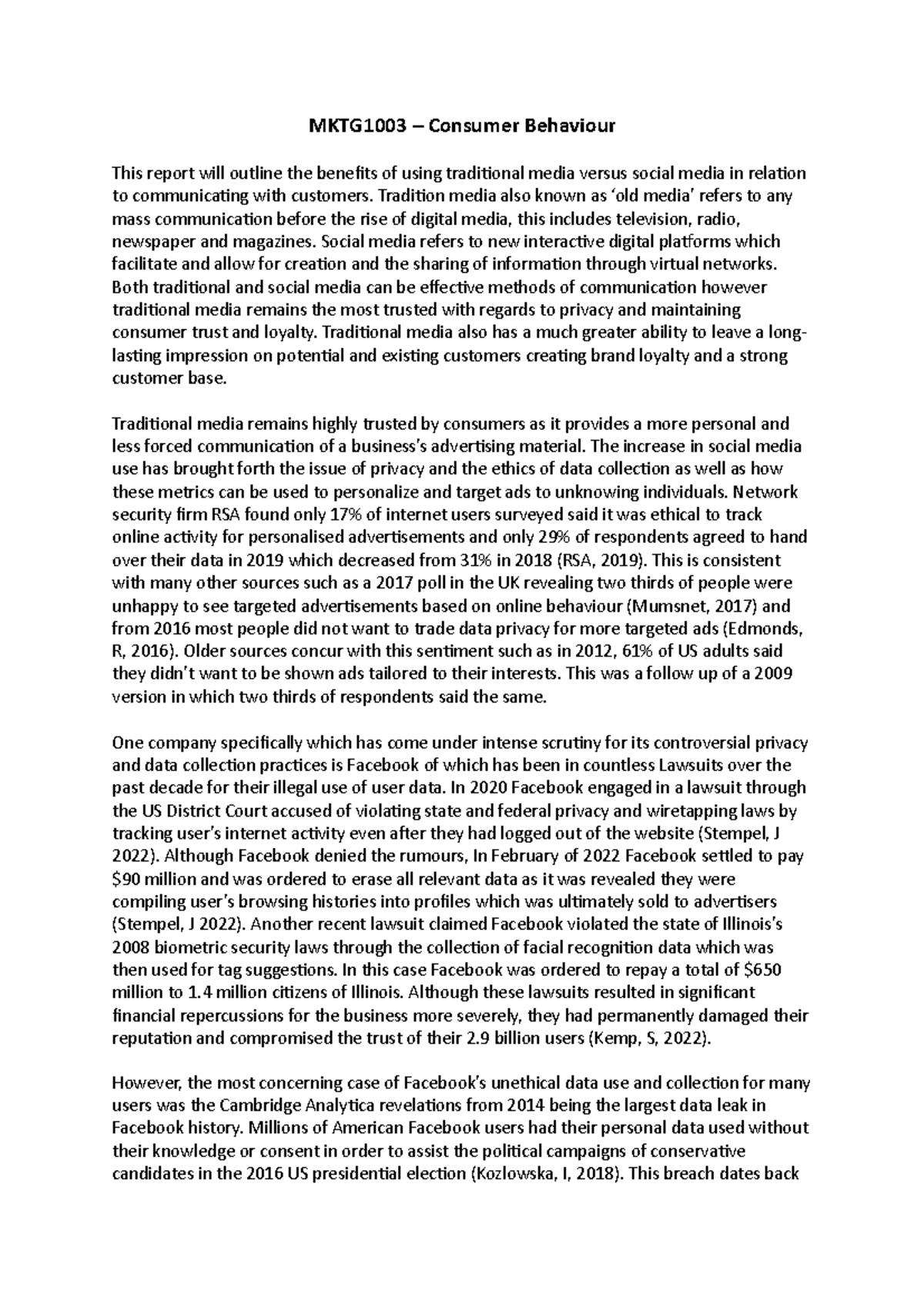 MKTG1003 Consumer behaviour - MKTG1003 – Consumer Behaviour This report ...