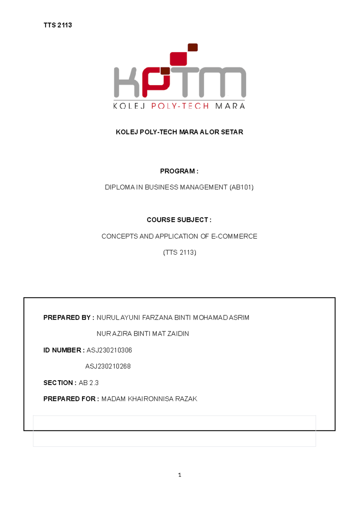 TTS E- Commerce Assignment SHOPEE - KOLEJ POLY-TECH MARA ALOR SETAR ...