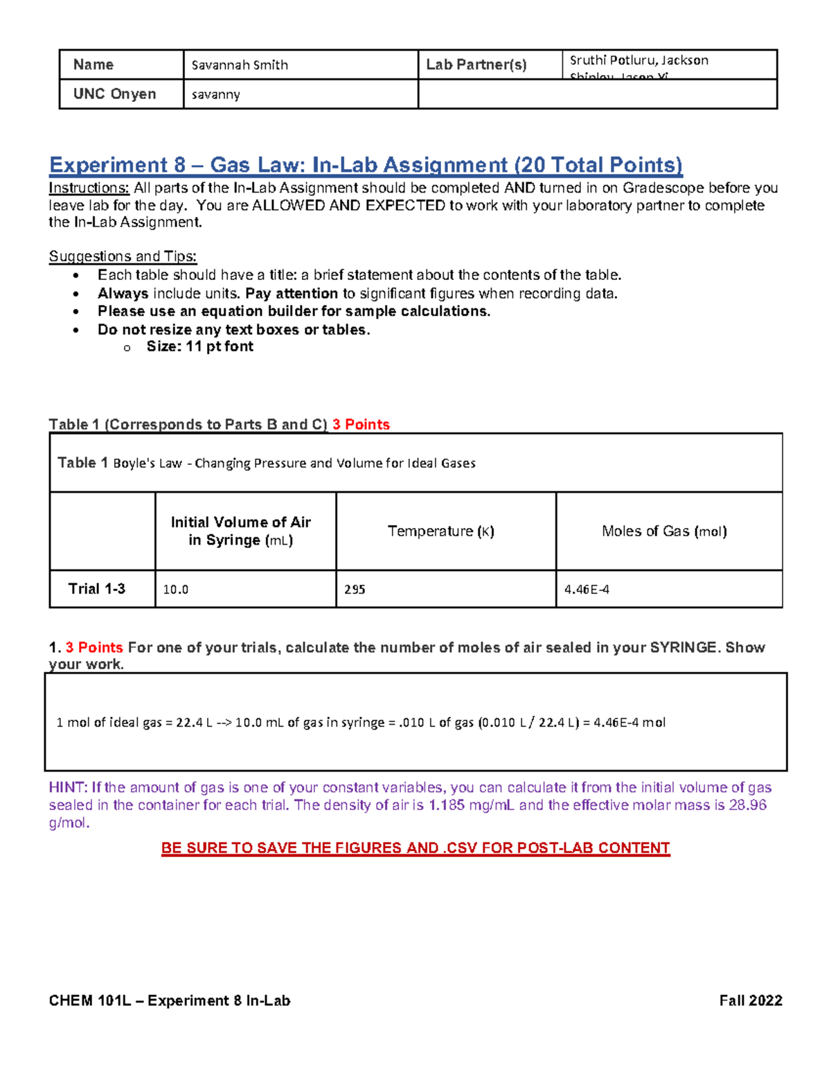 Inlab 8 Lastlab - In lab assignment - CHEM 101L – Experiment 8 In-Lab ...