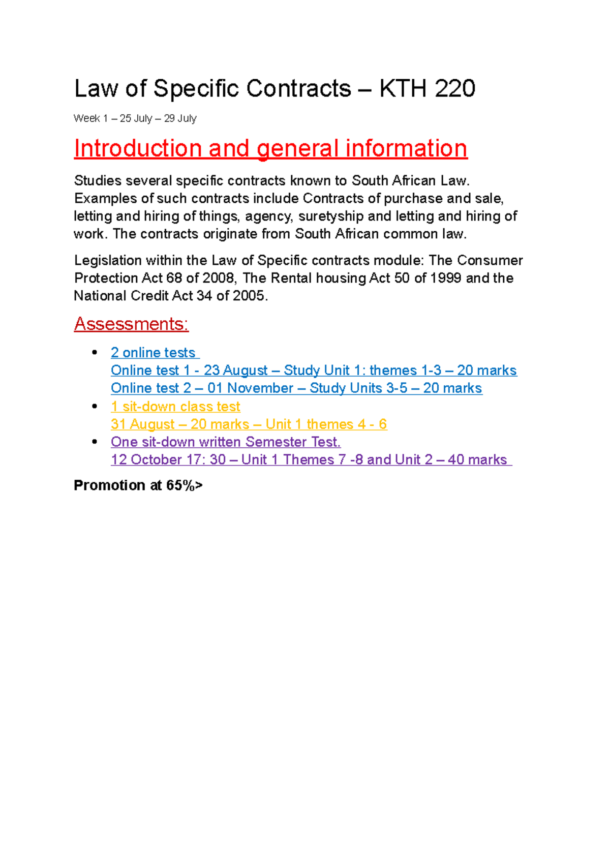 KTH Notes - Specific Contracts coursework and overview - Law of ...