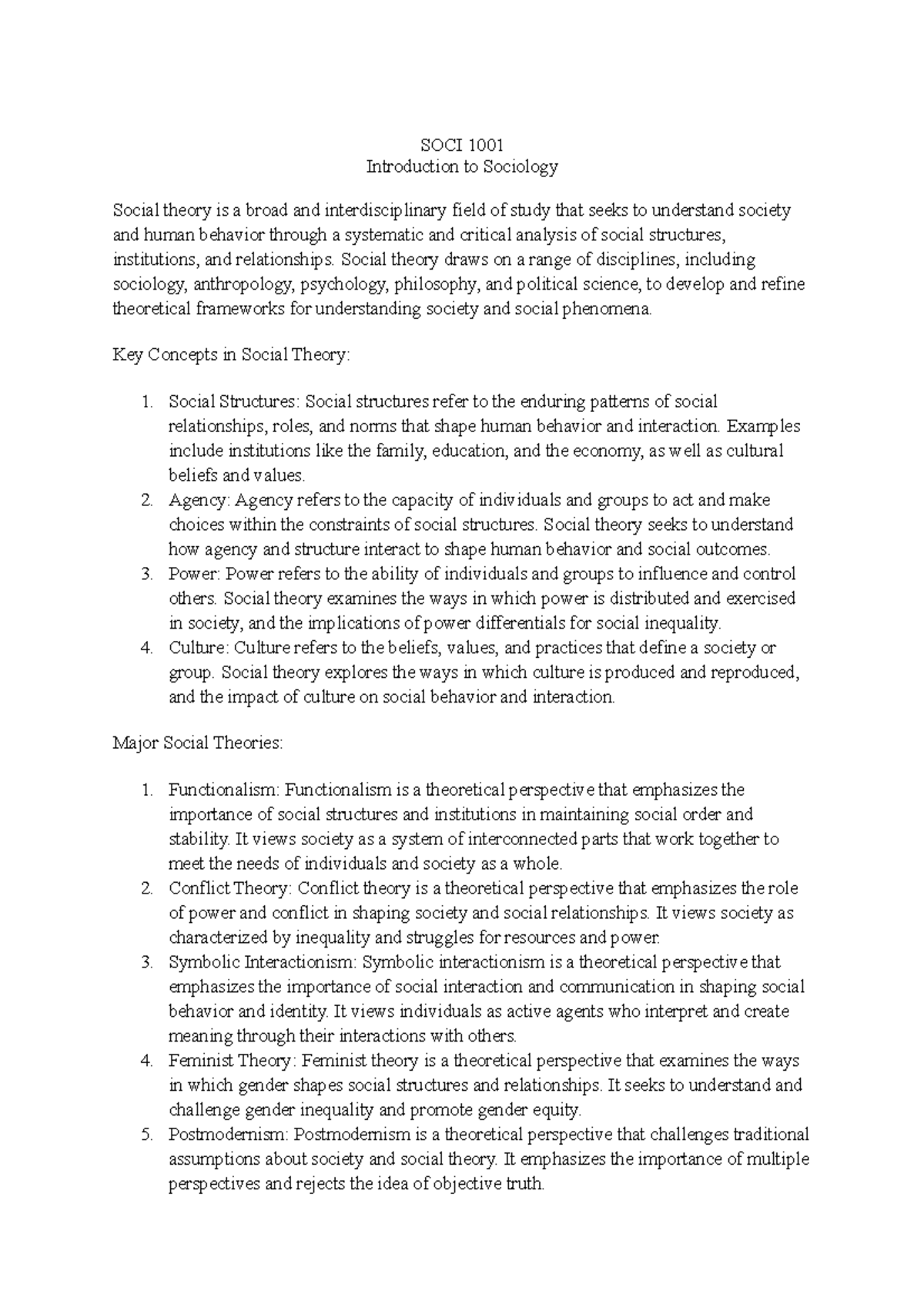 Social Theory - SOCI 1001 Introduction to Sociology Social theory is a ...