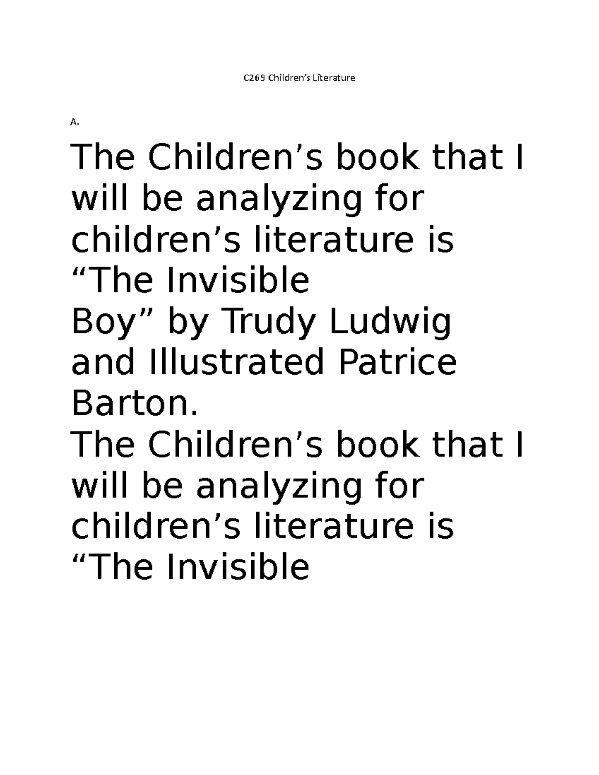C269 Children's Lit Task 1 - C269 Children’s Literature A. The Children ...