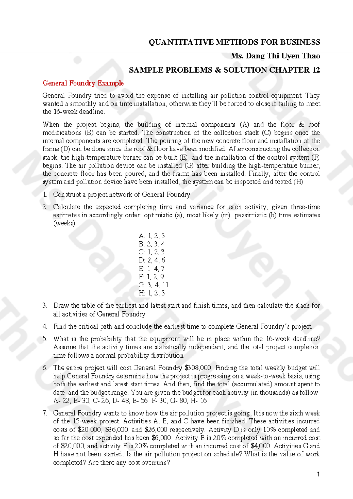Sample question and answer chapter 121 - QUANTITATIVE METHODS FOR ...