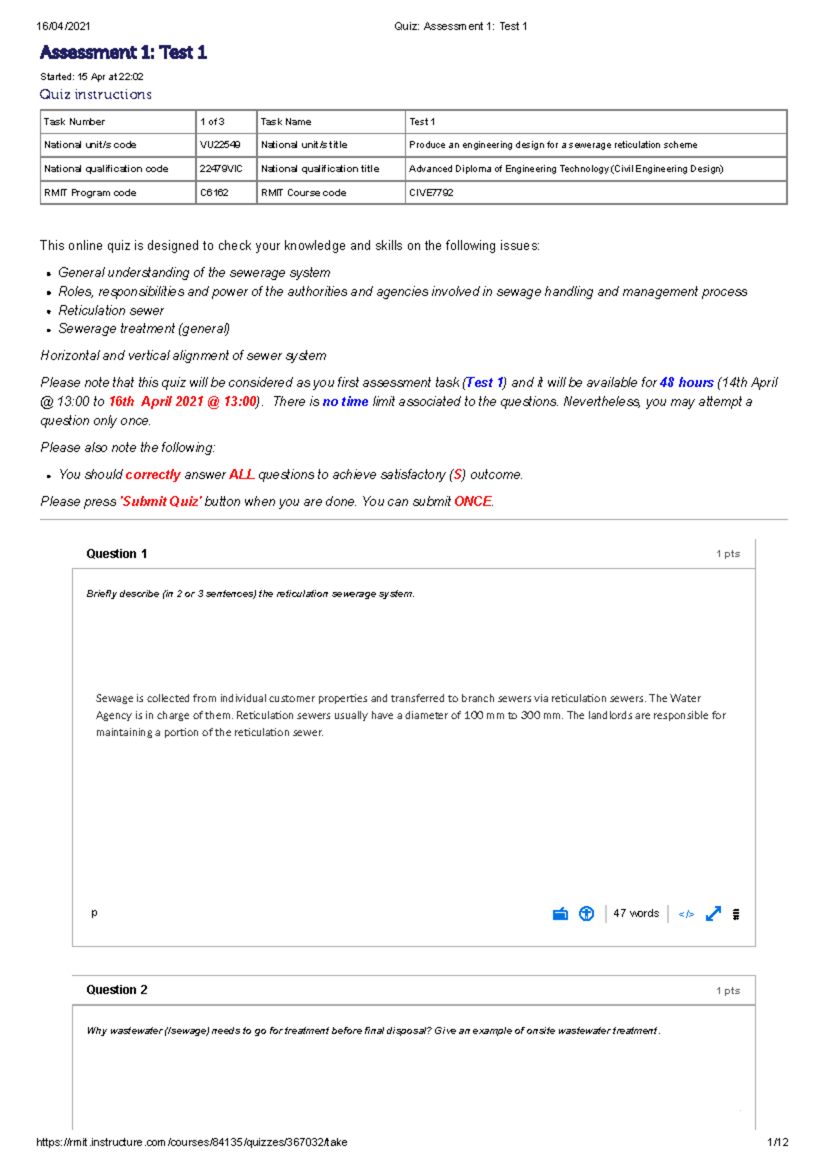 Assessment Quiz 1 - Test 1 - CIVE7792 - RMIT University - Studocu