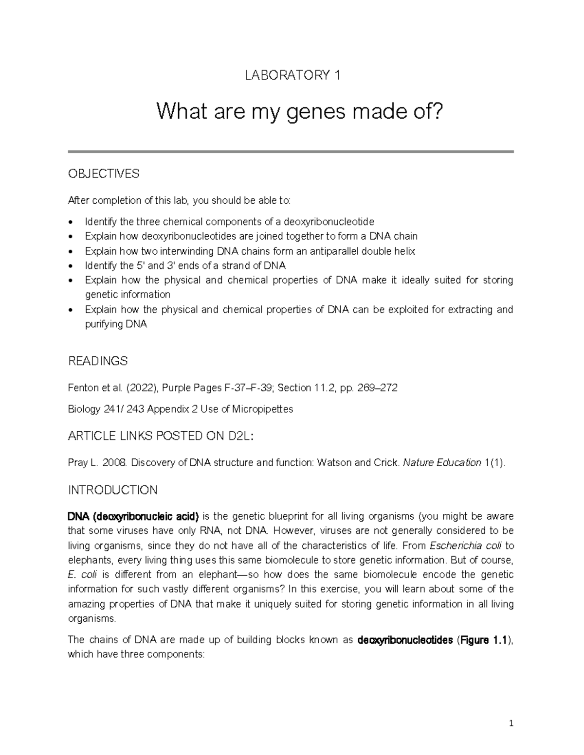 Lab 1 What are my Genes made of - LABORATORY 1 What are my genes made ...