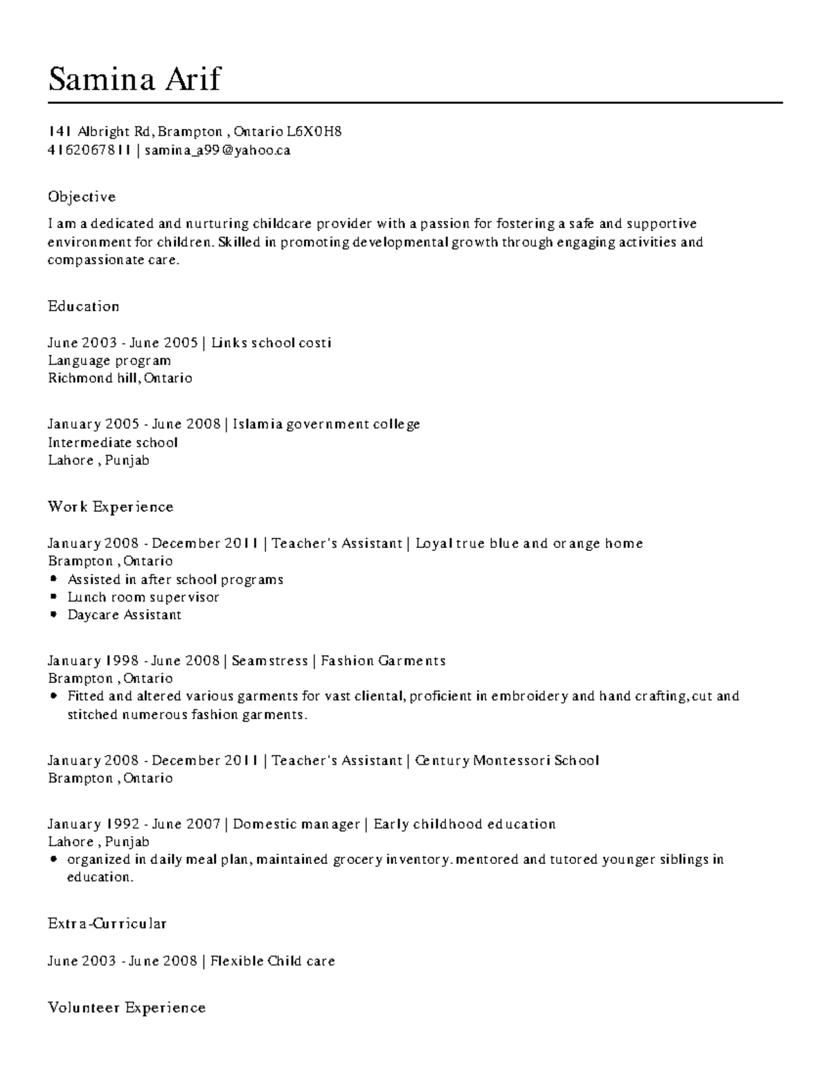 Amna Mehr Resume - Samina Arif - Samina Arif 141 Albright Rd, Brampton ...