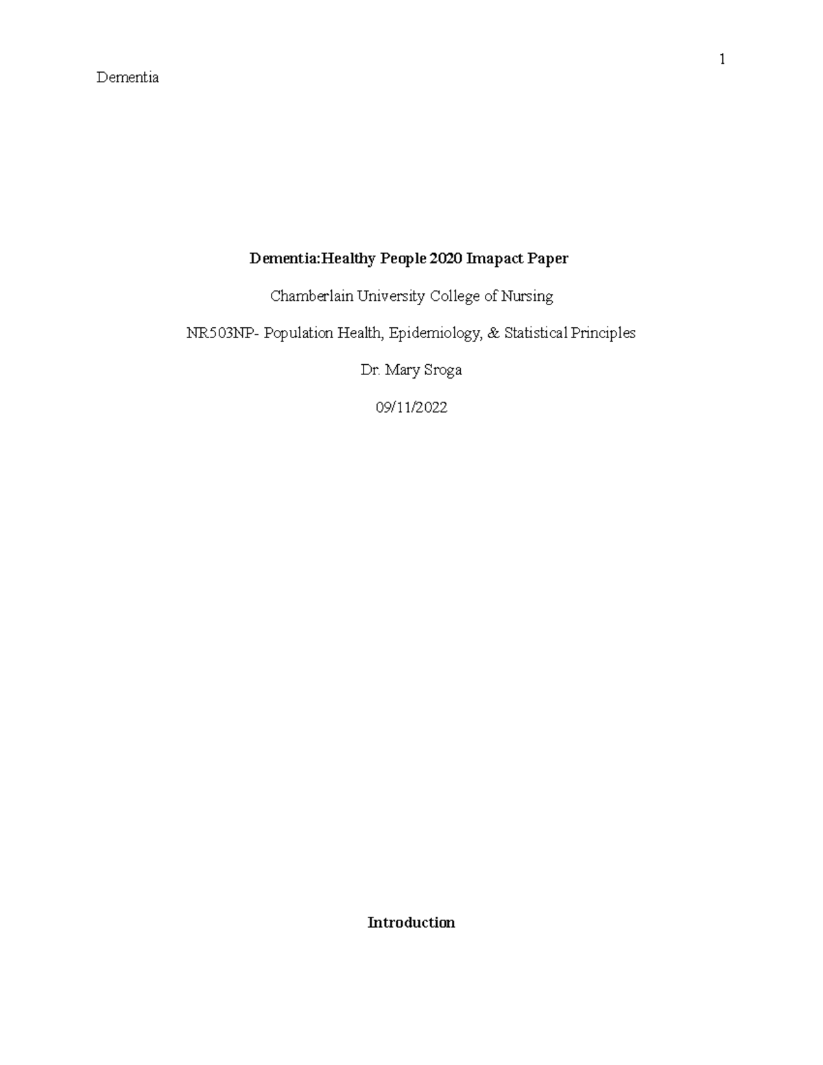 Final hp 2020impact paper - Dementia Dementia:Healthy People 2020 ...