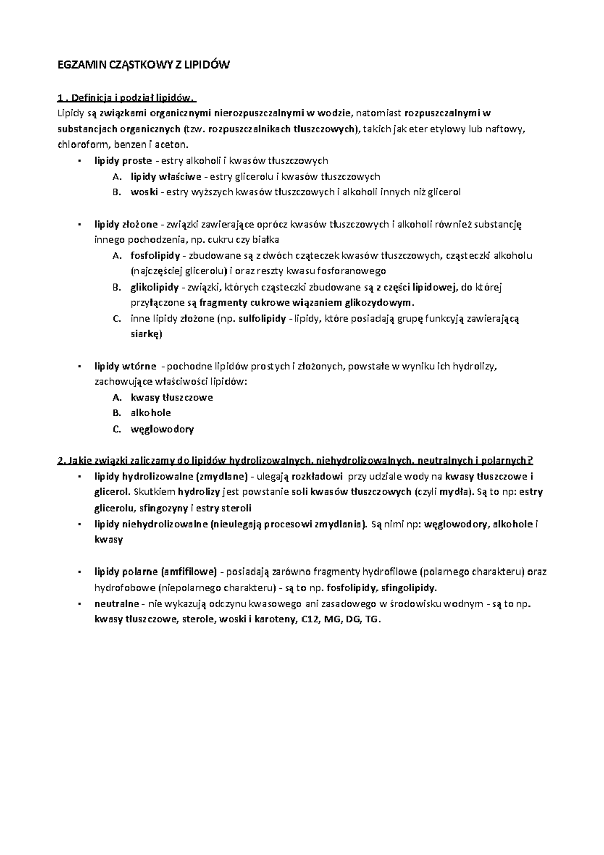 cząstkowy egzamin z chemii - EGZAMIN CZĄSTKOWY Z LIPIDÓW Definicja i ...