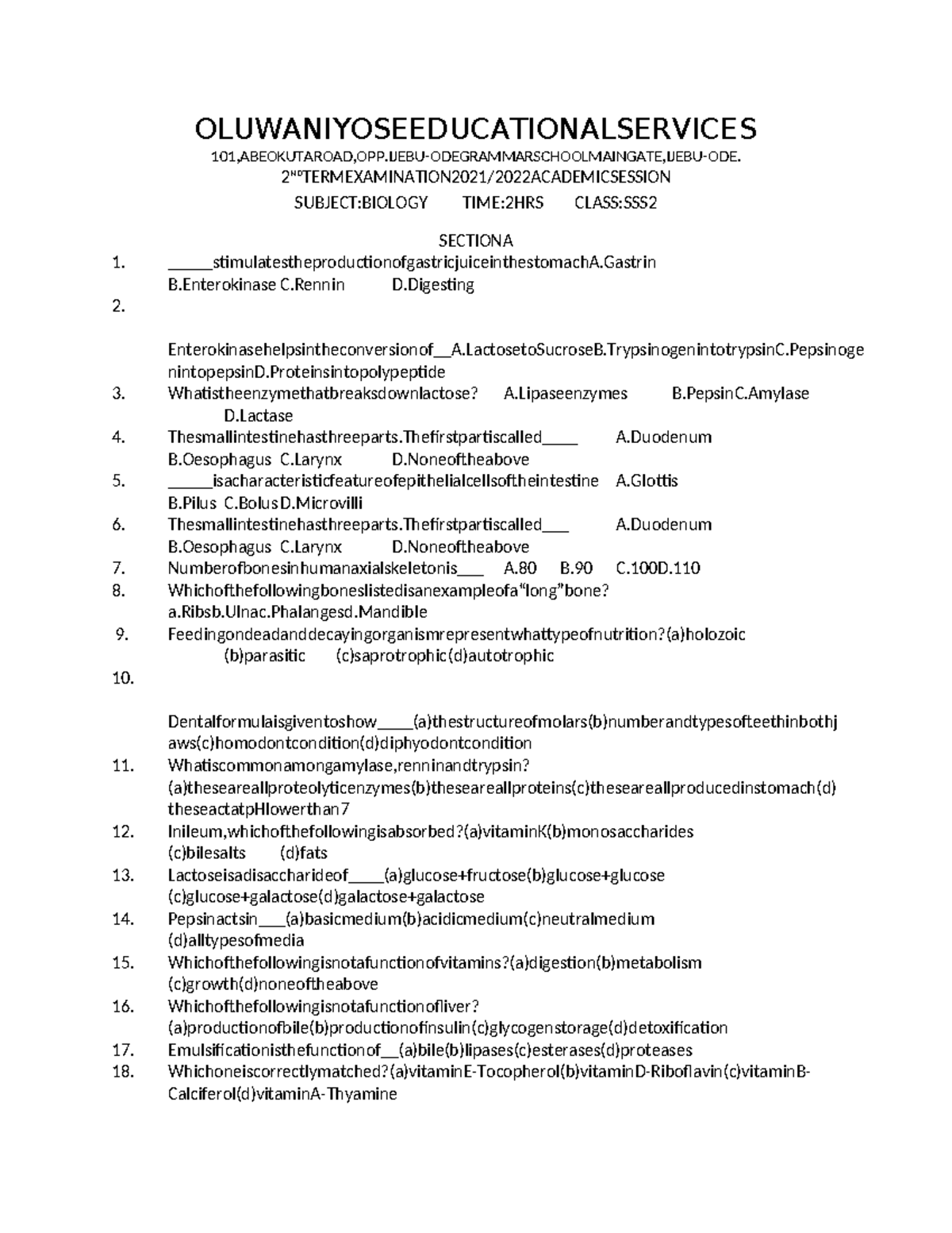 SS 1 Biology-1 - OLUWANIYOSEEDUCATIONALSERVICES - Studocu