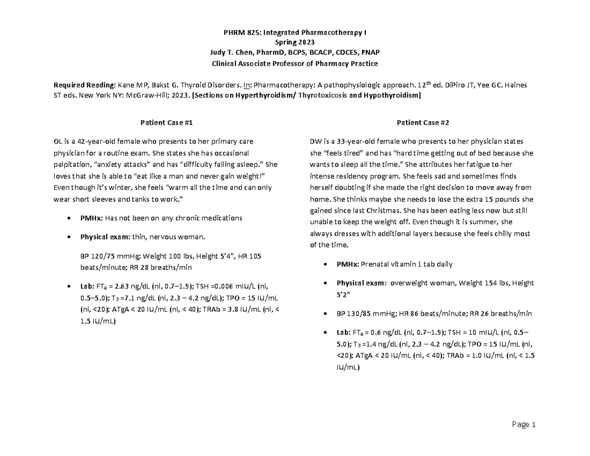 PHRM 825 Thyroid Patient Case Review Assignment 2023 - PHRM 825 ...