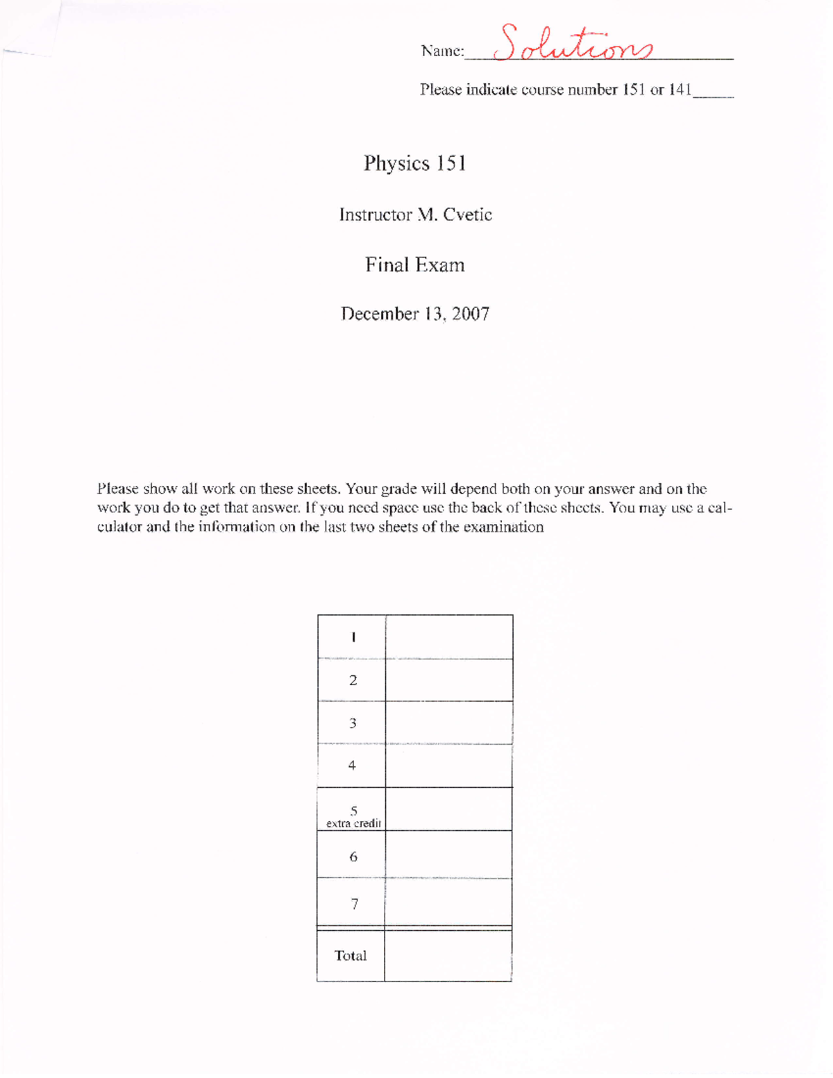 Final fall2007 solutions - O n -r- Name: r-) rr(ru/'