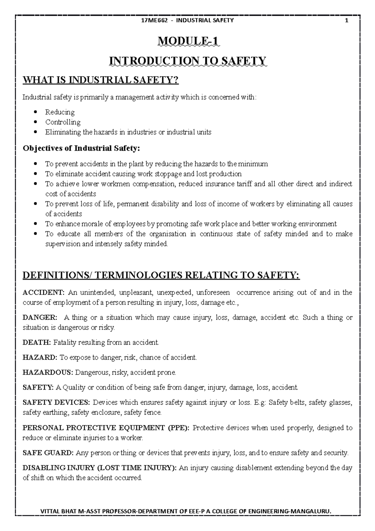 M1 - Course industry safety module 1 - MODULE- INTRODUCTION TO SAFETY ...